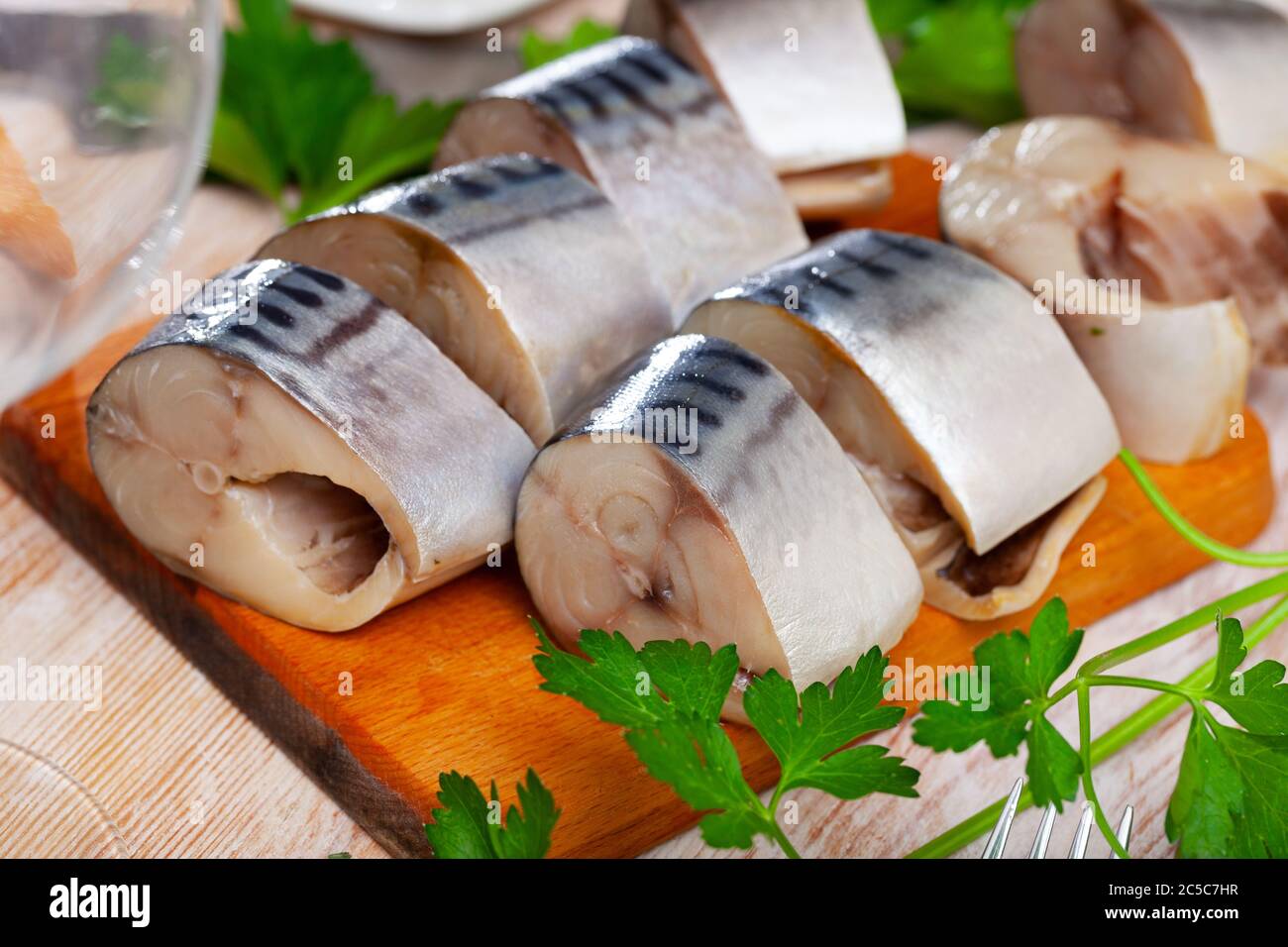 Mediterranean salted mackerel fillet served with parsley Stock Photo ...