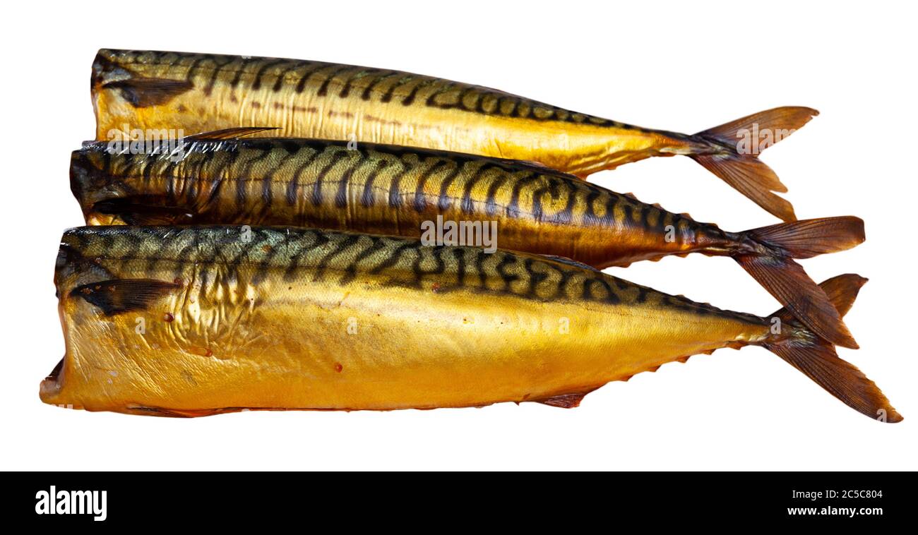 Cold-smoked mackerel without head. Isolated over white background Stock ...