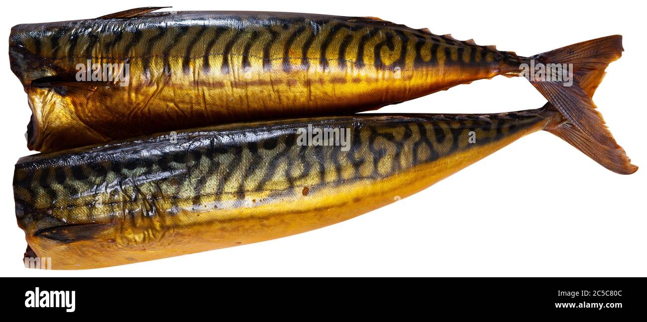 Cold-smoked mackerel without head. Isolated over white background Stock ...