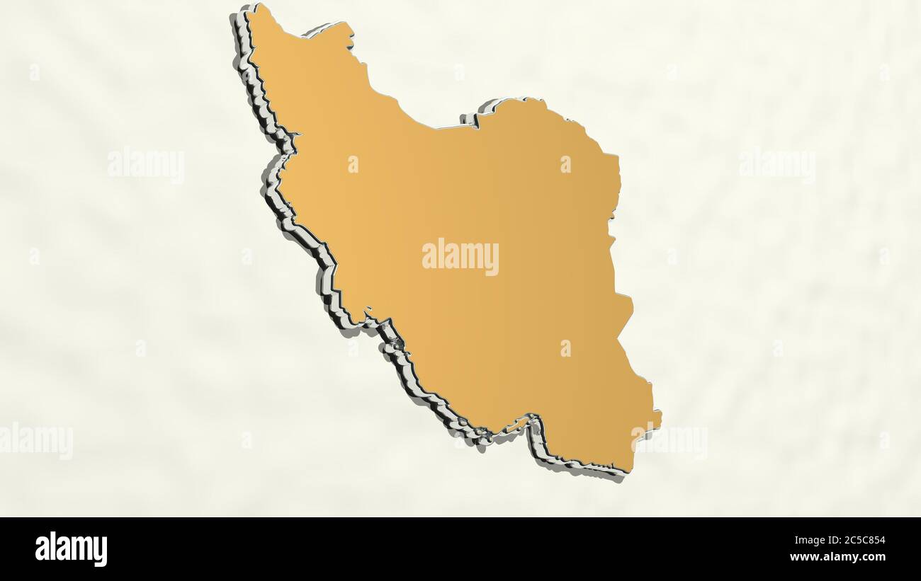 MAP OF IRAN made by 3D illustration of a shiny metallic sculpture on a ...