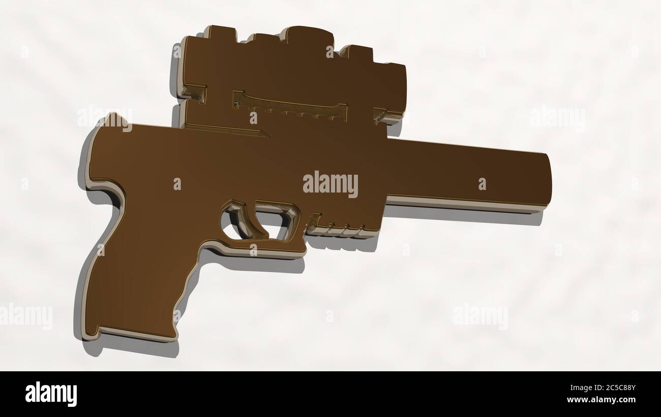 GUN WITH POINTER on the wall. 3D illustration of metallic sculpture ...
