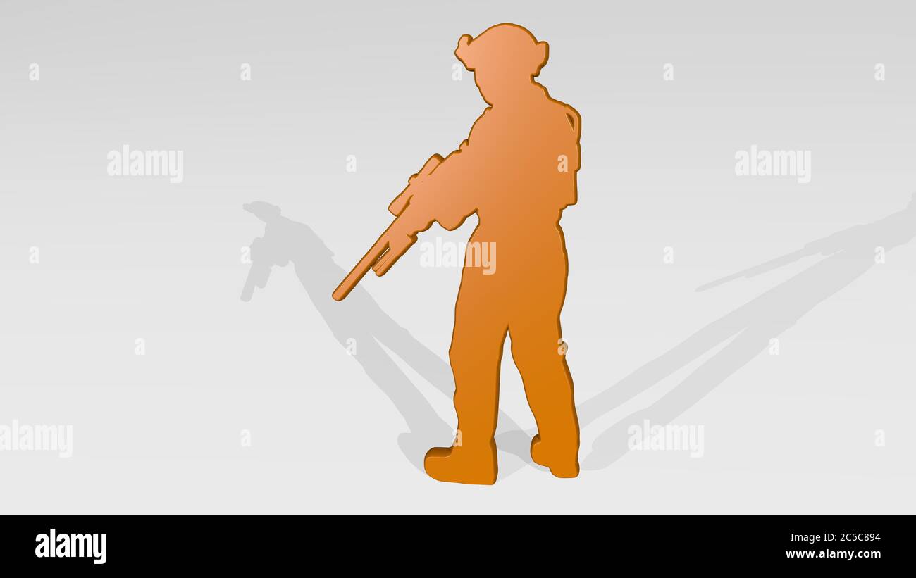SOLDIER WITH GUN from a perspective with the shadow. A thick sculpture ...