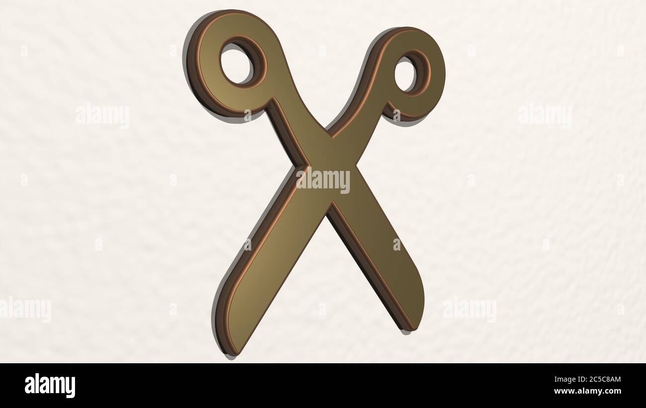 SCISSORS from a perspective on the wall. A thick sculpture made of ...