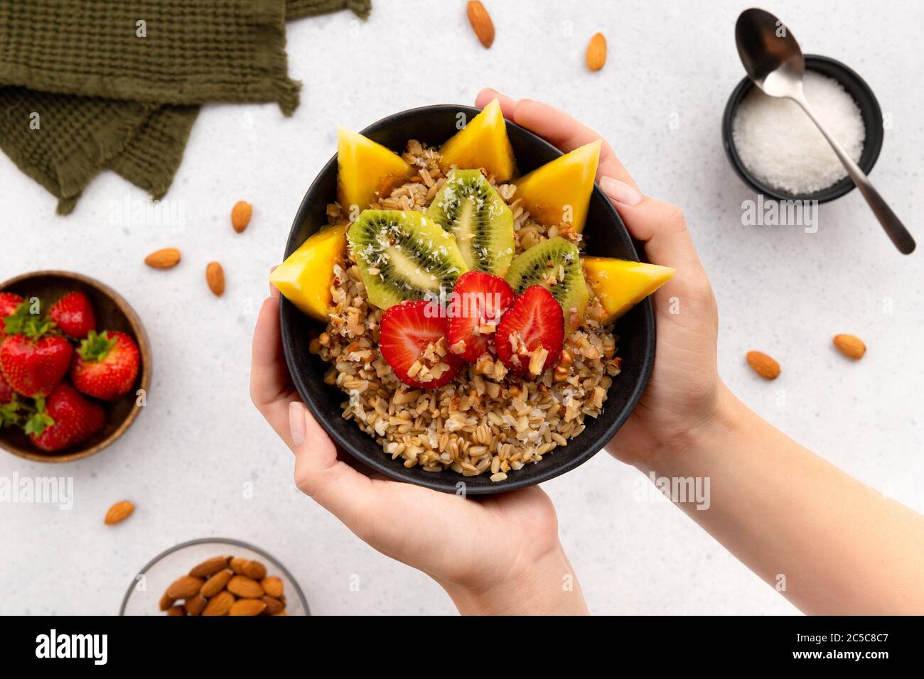Flat lay top view healthy food breakfast concept Stock Photo - Alamy