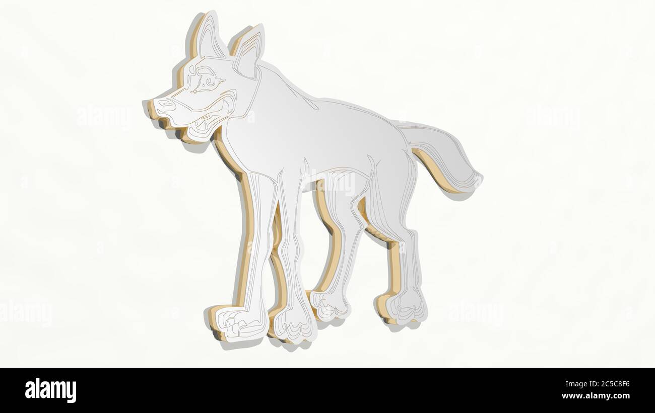WOLF made by 3D illustration of a shiny metallic sculpture on a wall ...