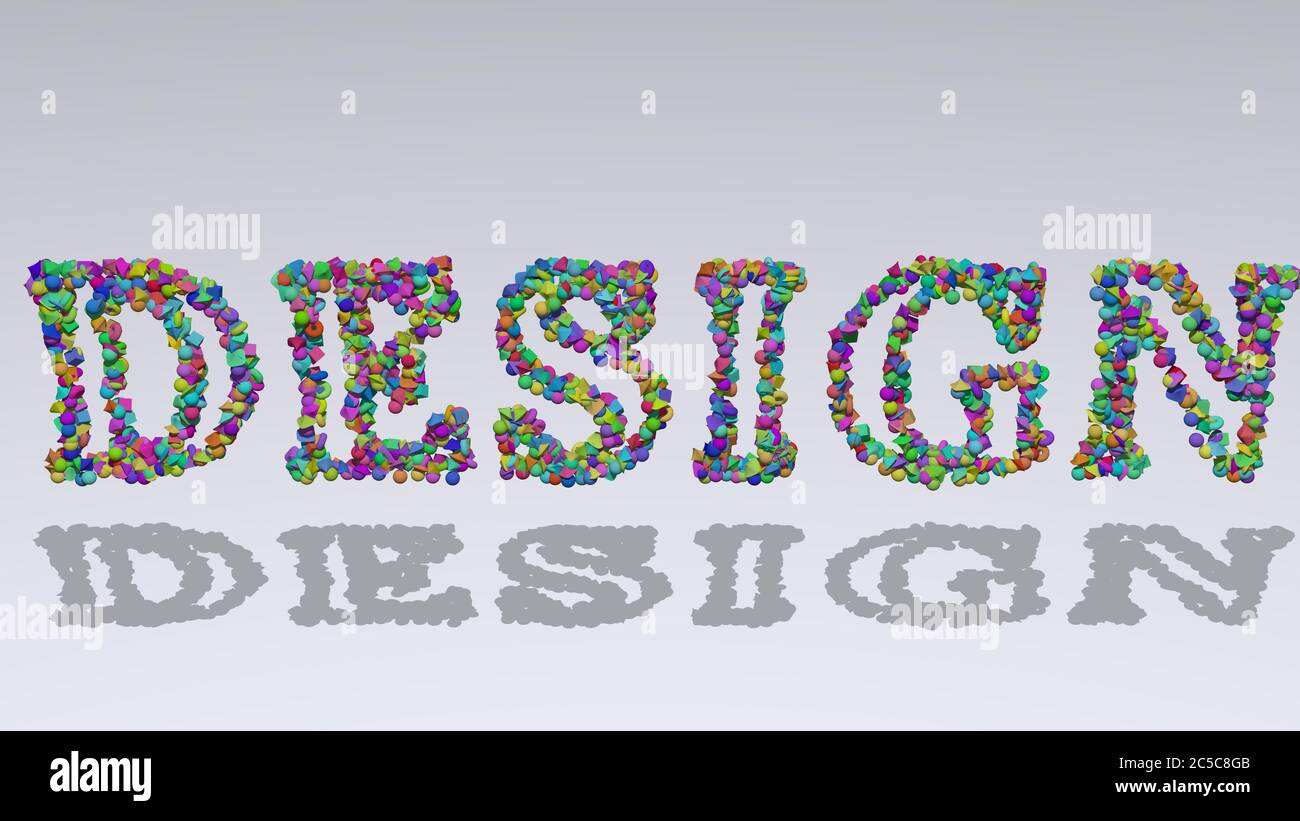 Colorful 3D writting of DESIGN text with small objects over a white ...