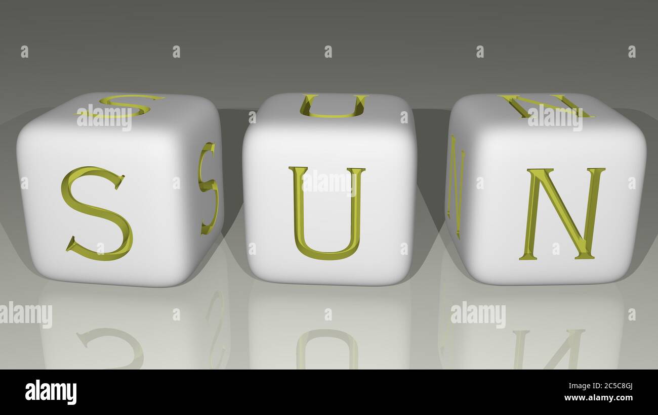 alphabetic SUN arranged by cubic letters on a mirror floor, concept ...