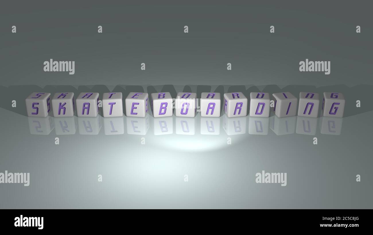 shiny SKATEBOARDING built by cubic letters from the top perspective ...