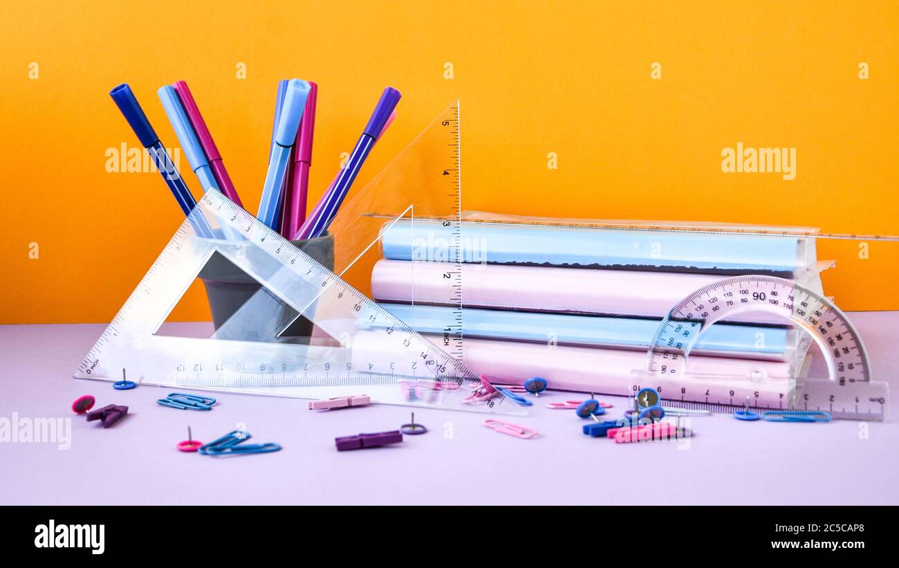 School subject books with supplies on color background, back to school ...
