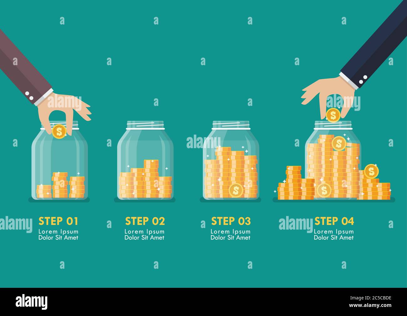 Step of Hand saving coins in glass jars infographic. Flat style. Vector ...