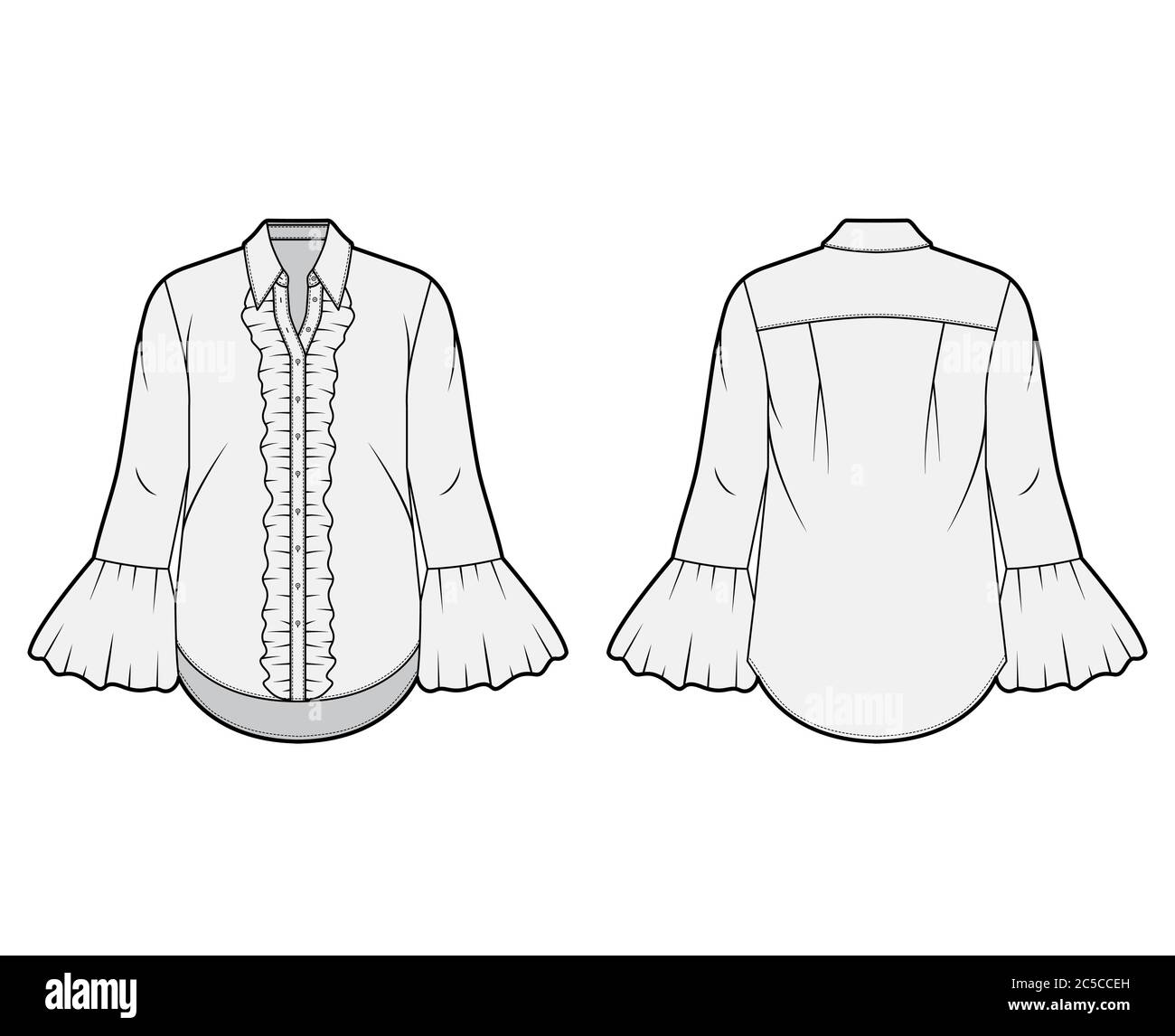 Ruffled shirt technical fashion illustration with sharp collar ...