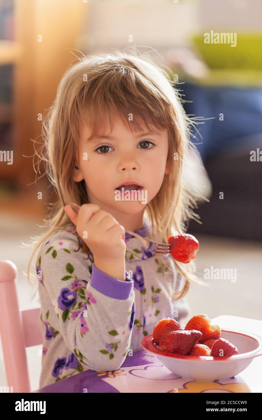 child eating strawberries after breakfast in pajamas at home Stock ...