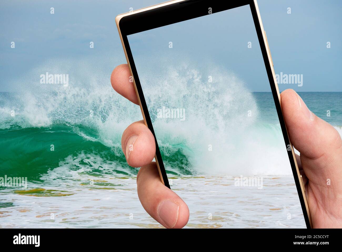Surf waves on smartphone screen. Clear sea water. Stormy sea Stock ...