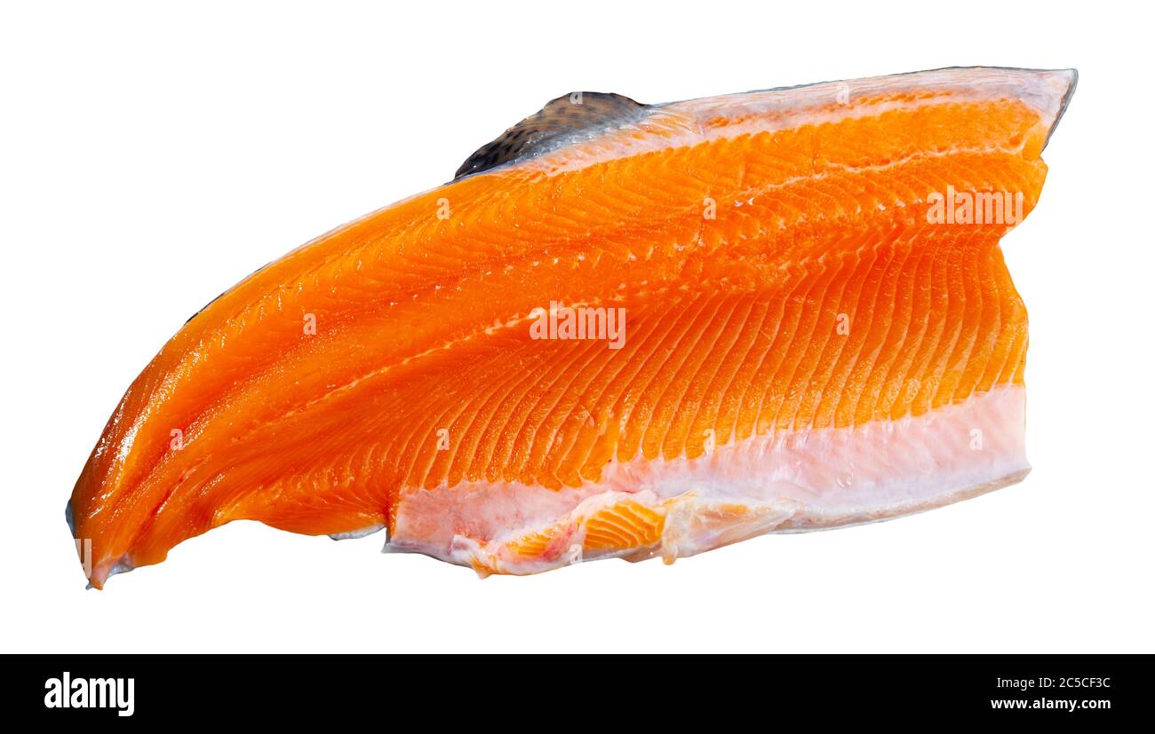 Close up of tasty raw sea trout fillet before cooking. Isolated over ...