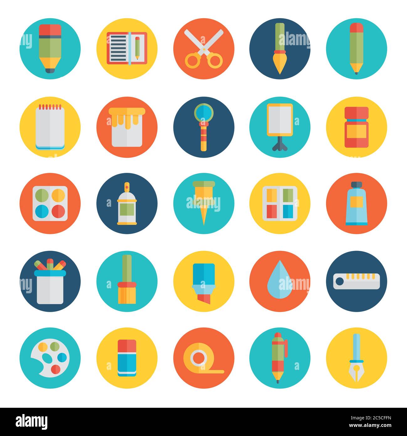 Colored flat design vector illustration icons set of art supplies, art ...