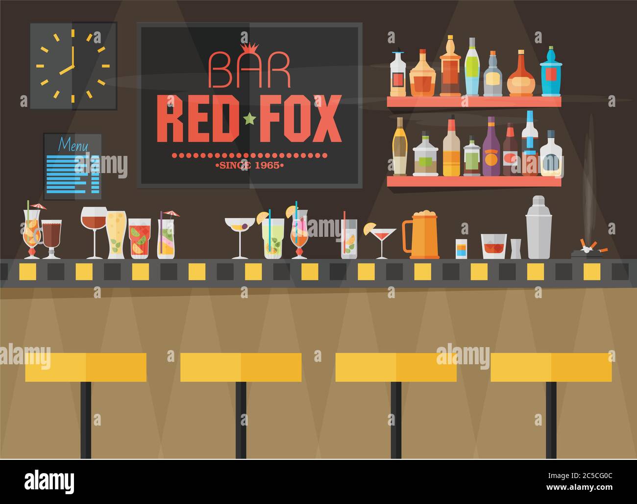 Bar counter with stools and alcohol drink on shelves flat vector ...