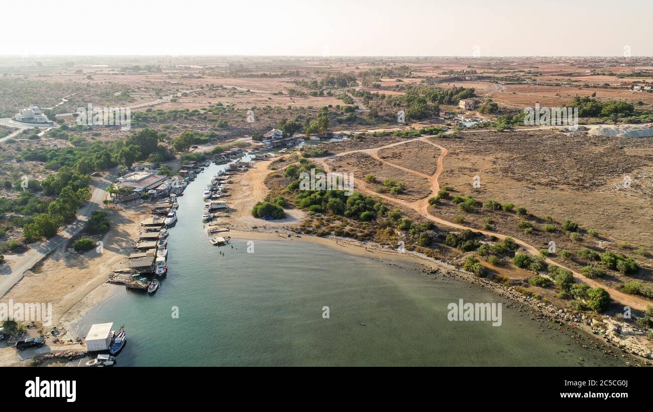 Aerial bird's eye view of Liopetri river to the sea (potamos Liopetriou ...