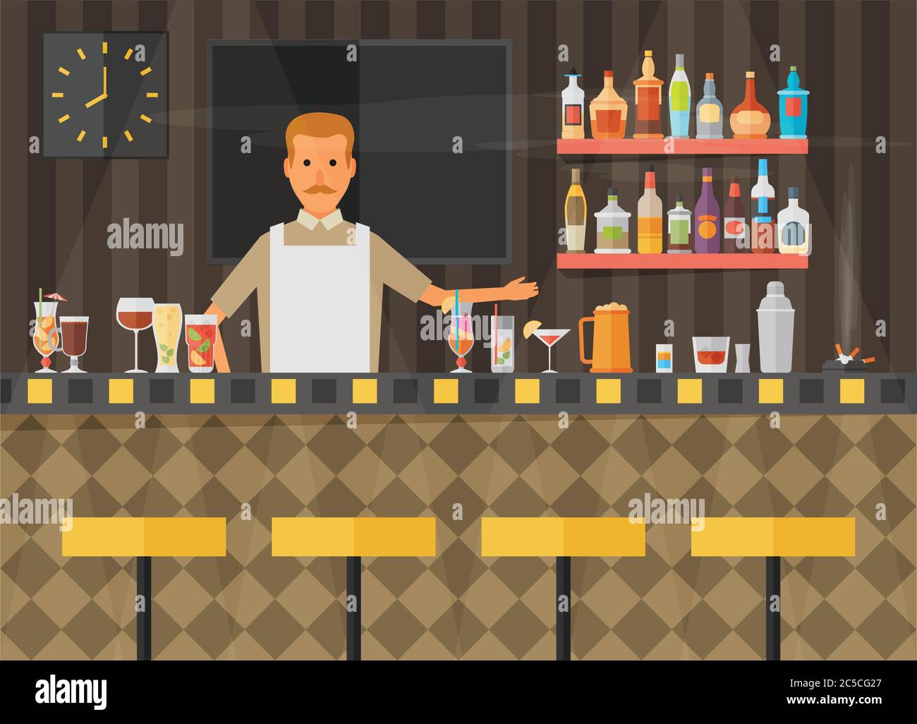 Bar counter with stools and alcohol drink on shelves flat vector ...