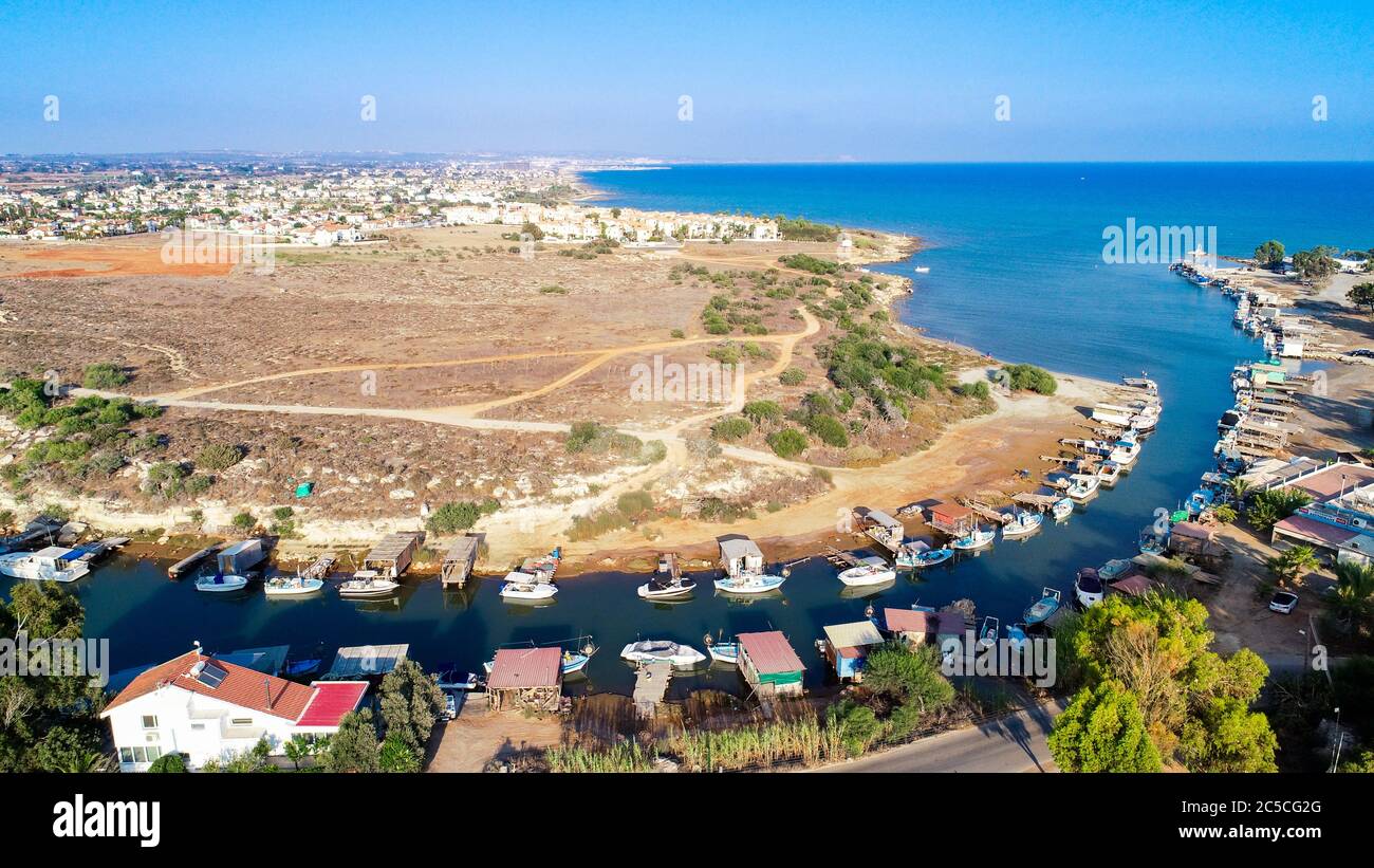 Aerial bird's eye view of Liopetri river to the sea (potamos Liopetriou ...