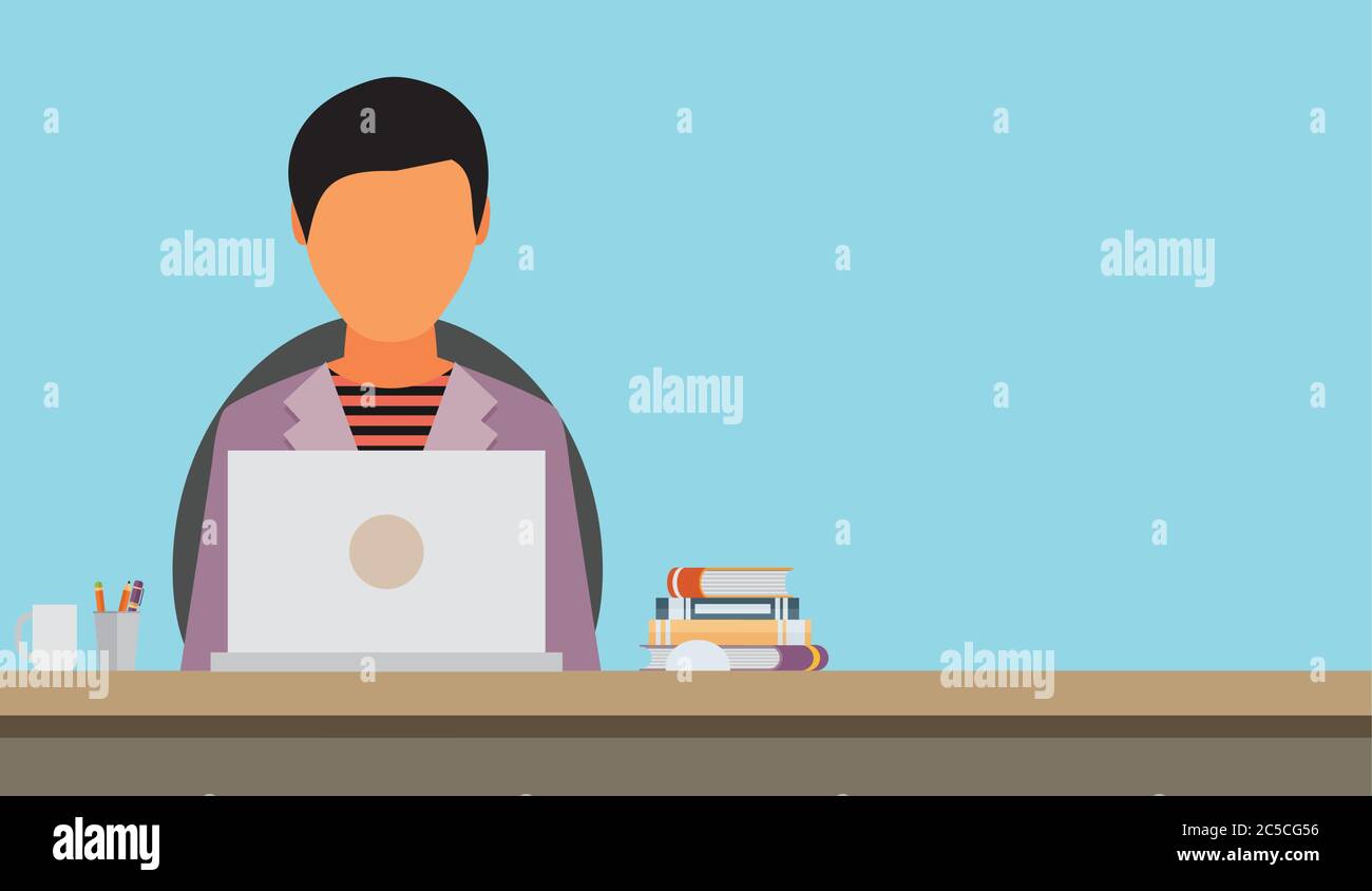 Man is working with laptop. Flat modern illustration of working process ...