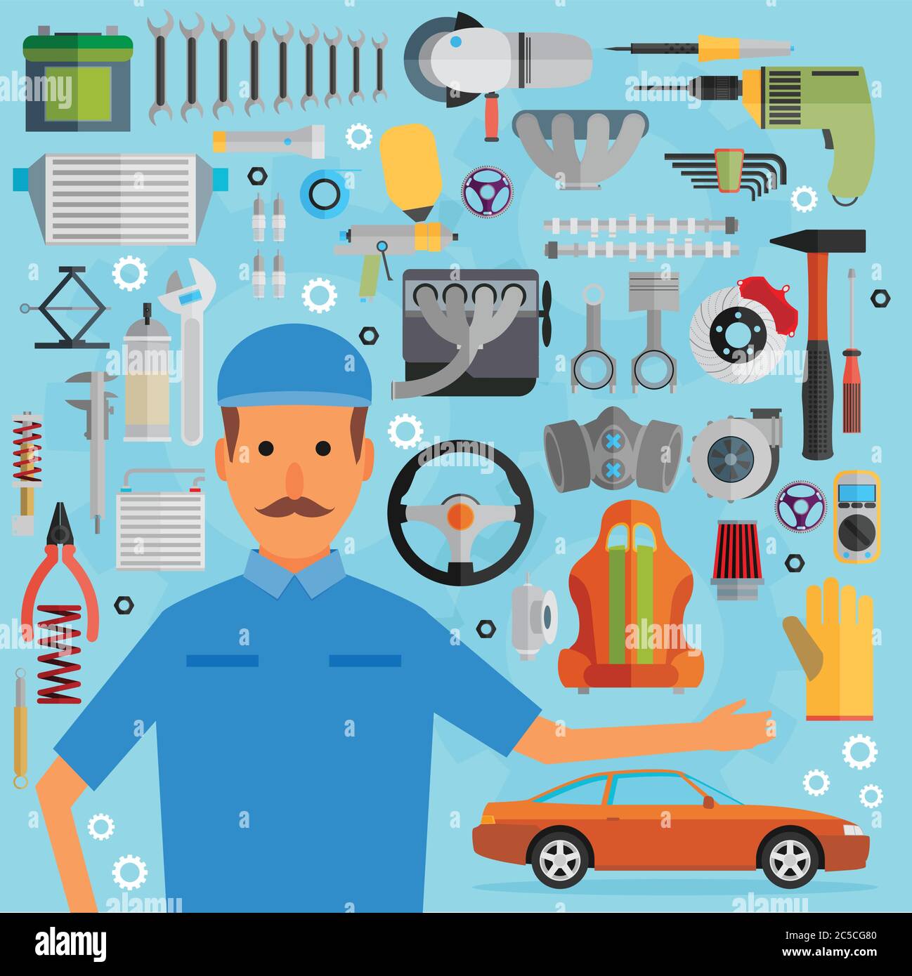 Car service concept with flat icons and mechanic. Vector illustration ...