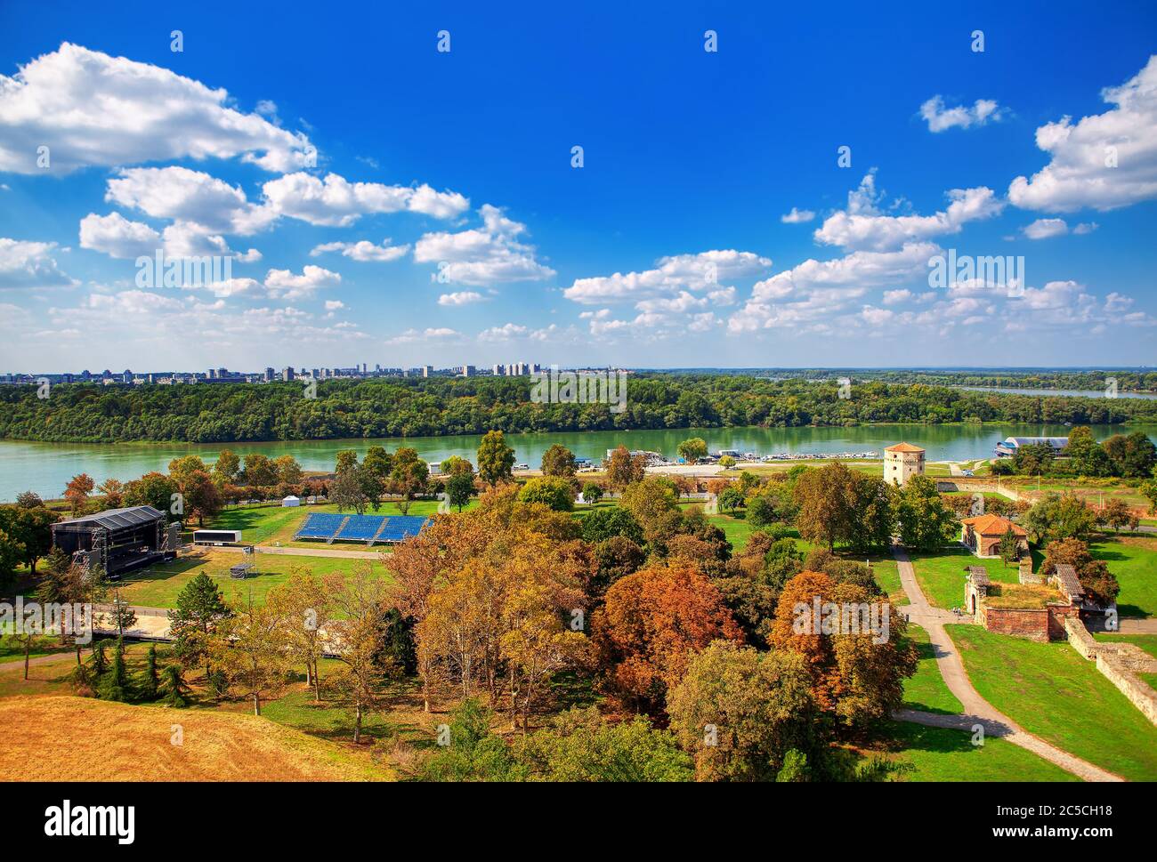 Aerial View od Danube Riverside in Belgrade . Stadium at the River ...