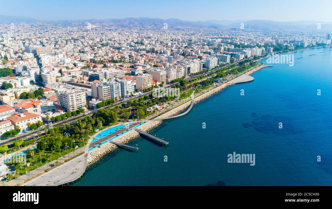 Aerial view of Molos Promenade park on coast of Limassol city centre ...