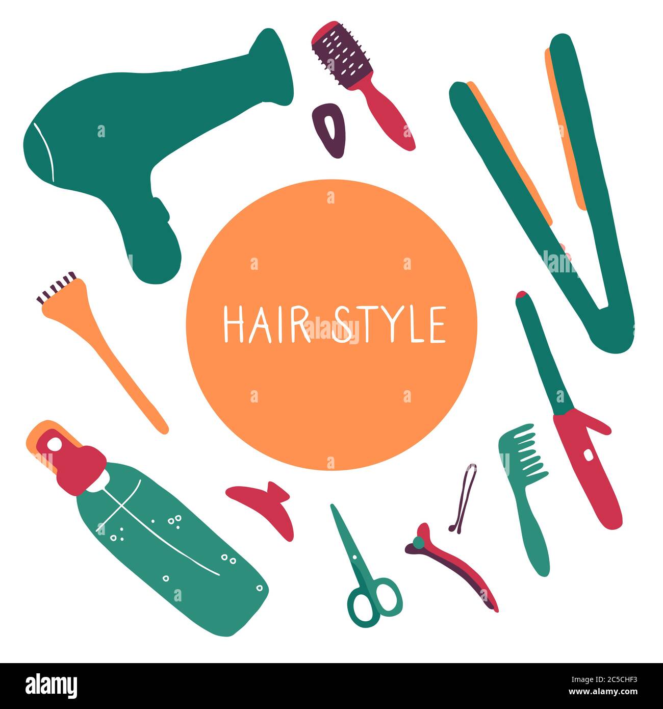 Hair style. Tools, devices for hair beauty. Vector flat hand drawn ...