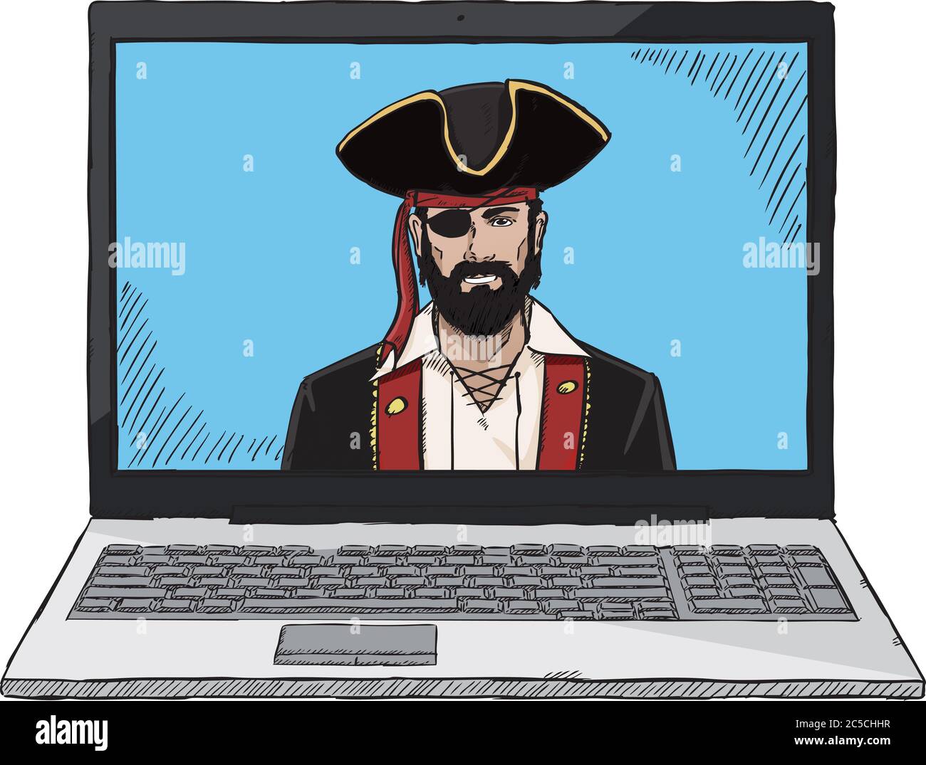 Sketch style colorful computer pirate hacking laptop. Hand drawn doodle ...