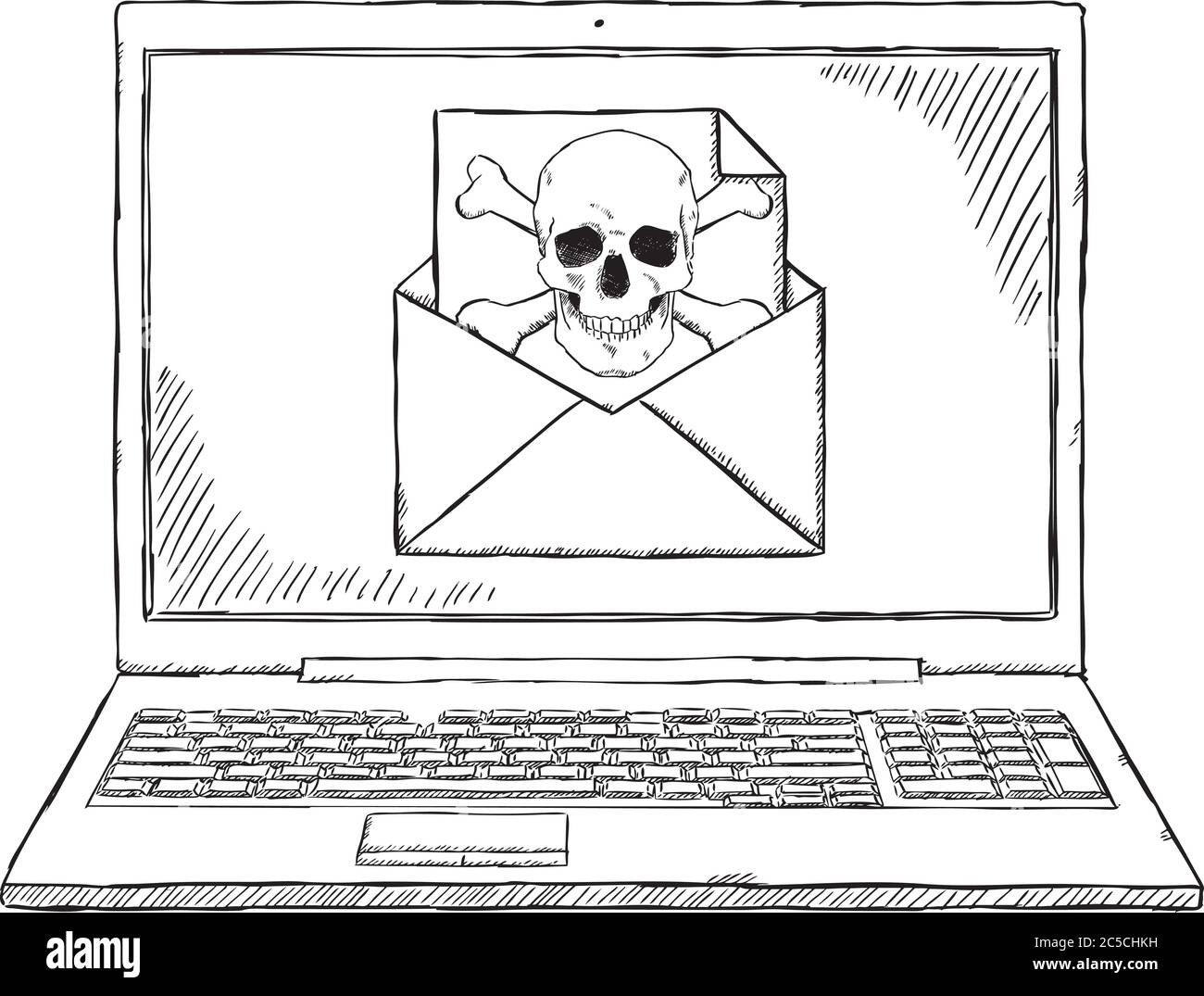Sketch style illustration of notebook with infected by virus email ...