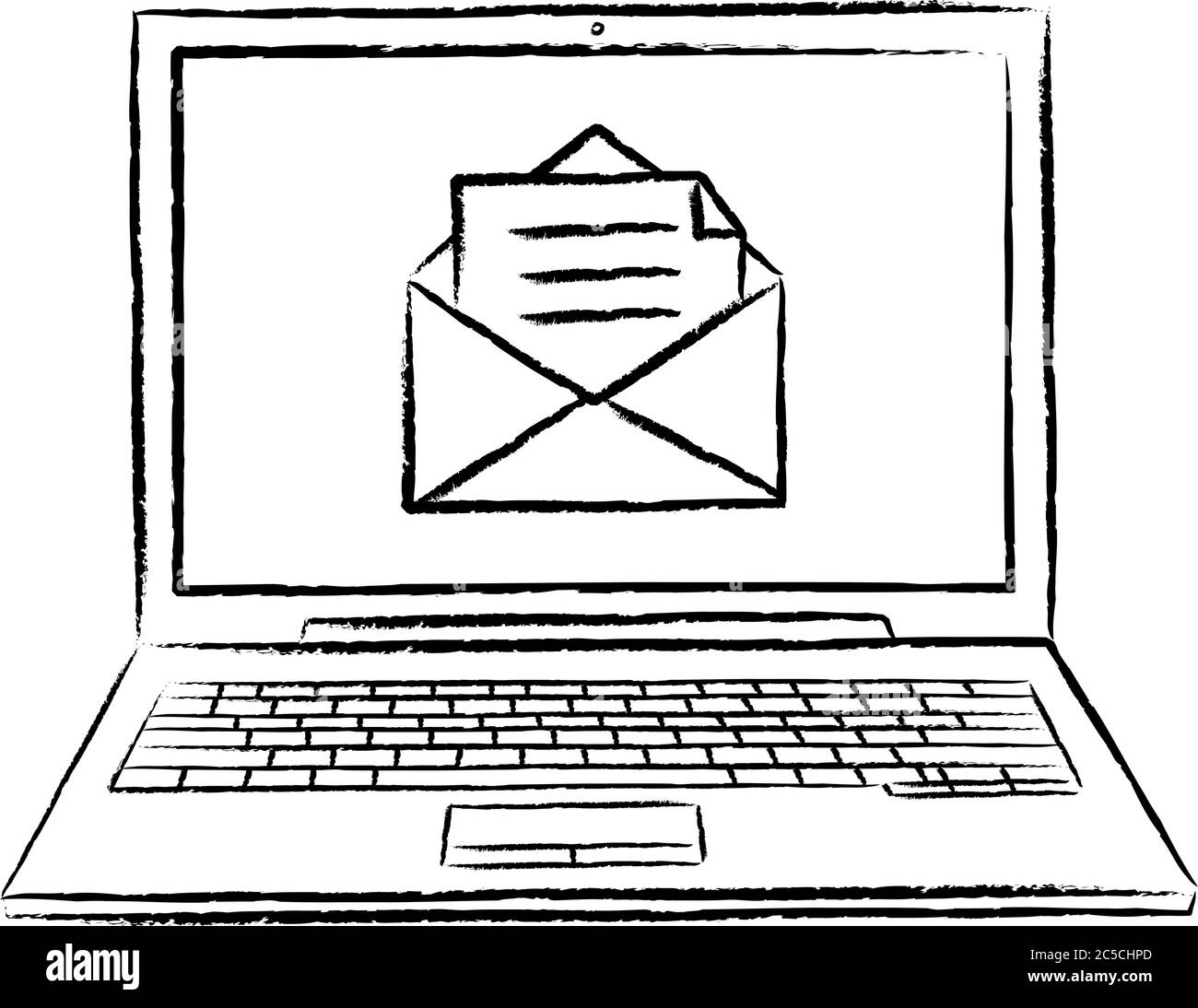 Black and white doodle of laptop with email message. Hand drawn vector ...