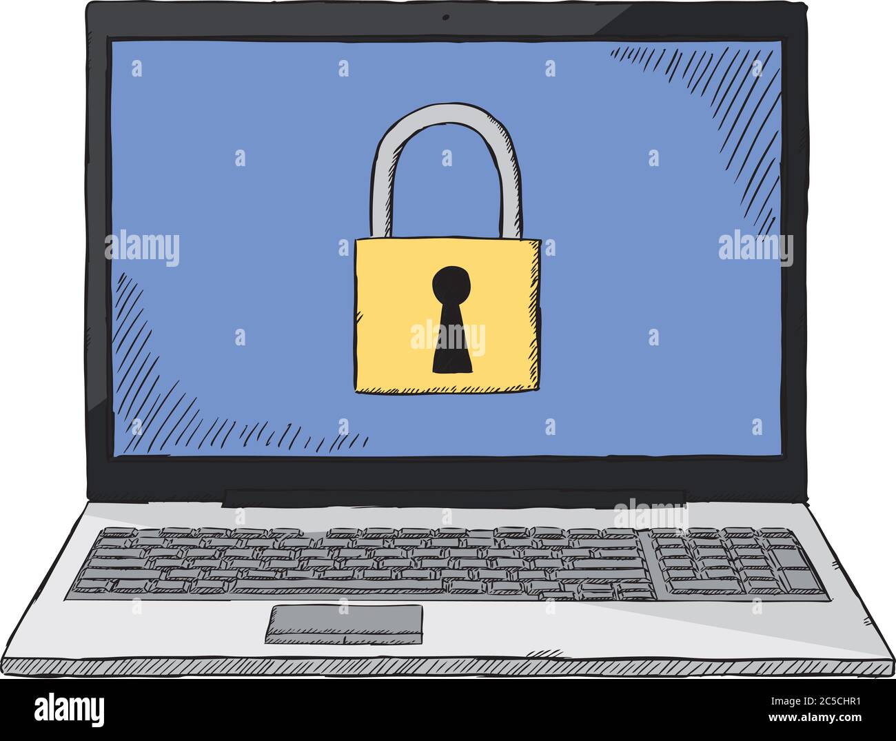 Sketch style colorful illustration of laptop with safety lock on screen ...