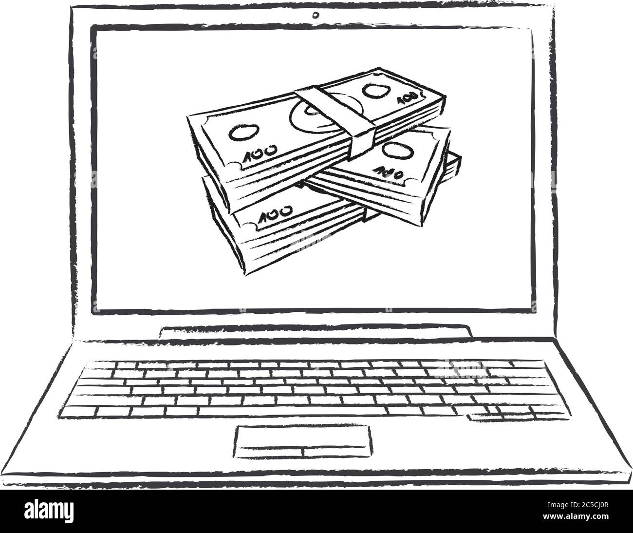 sketch style doodle of netbook with money screen. Hand drawn doodle ...