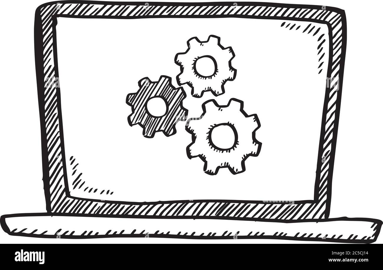 Cartoon style doodle of notebook with gears on screen. Hand drawn ...