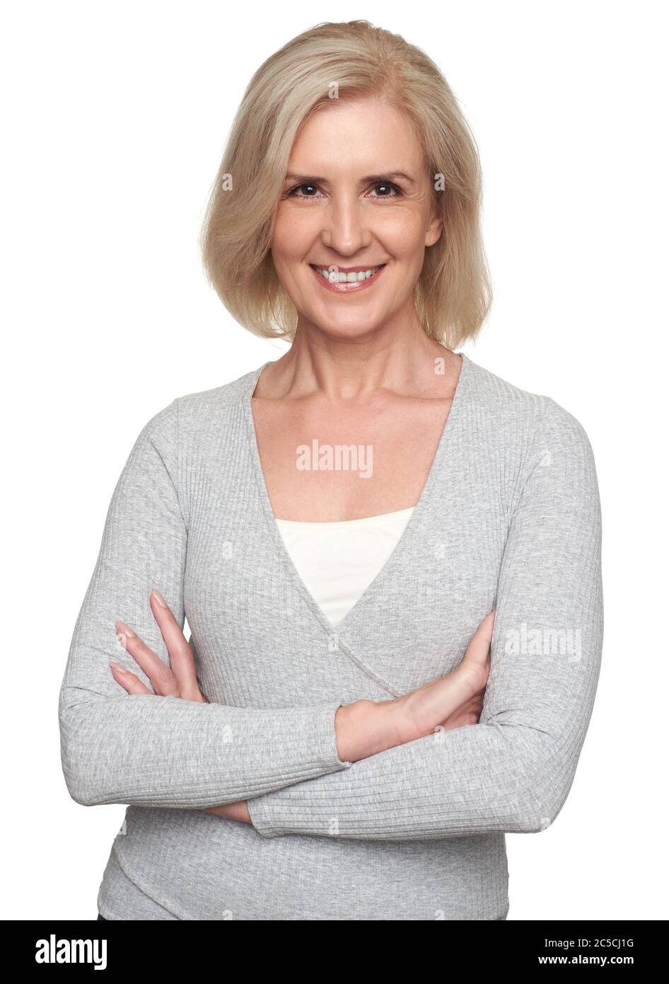 Charming pretty old lady with perfect skin. Cheerful senior woman ...