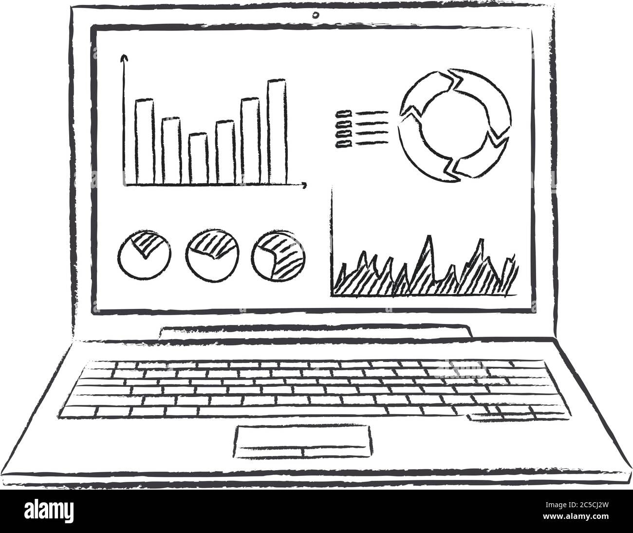 chalk doodle of laptop with data presentation on screen - front view ...