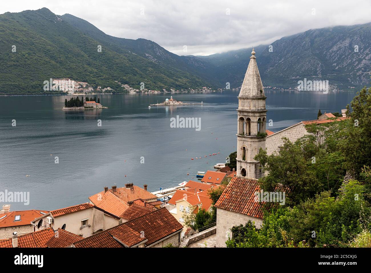 Scenic panorama view of the historic town of Perast at famous Bay of ...