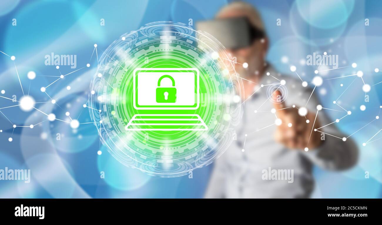 Man with vr headset touching a cyber security concept on a touch screen ...