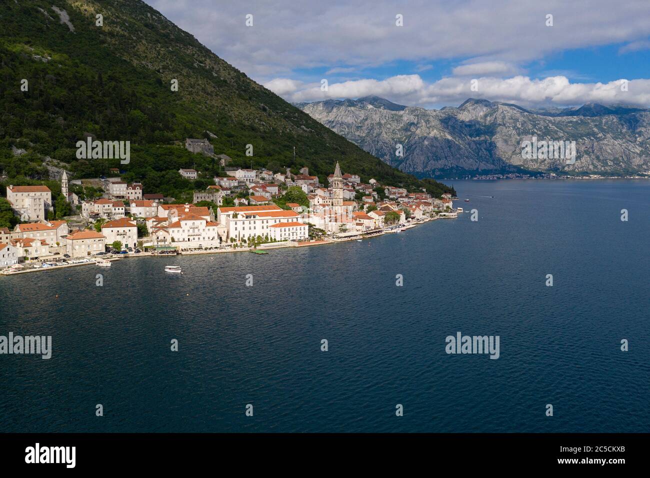 Scenic panorama view of the historic town of Perast at famous Bay of ...