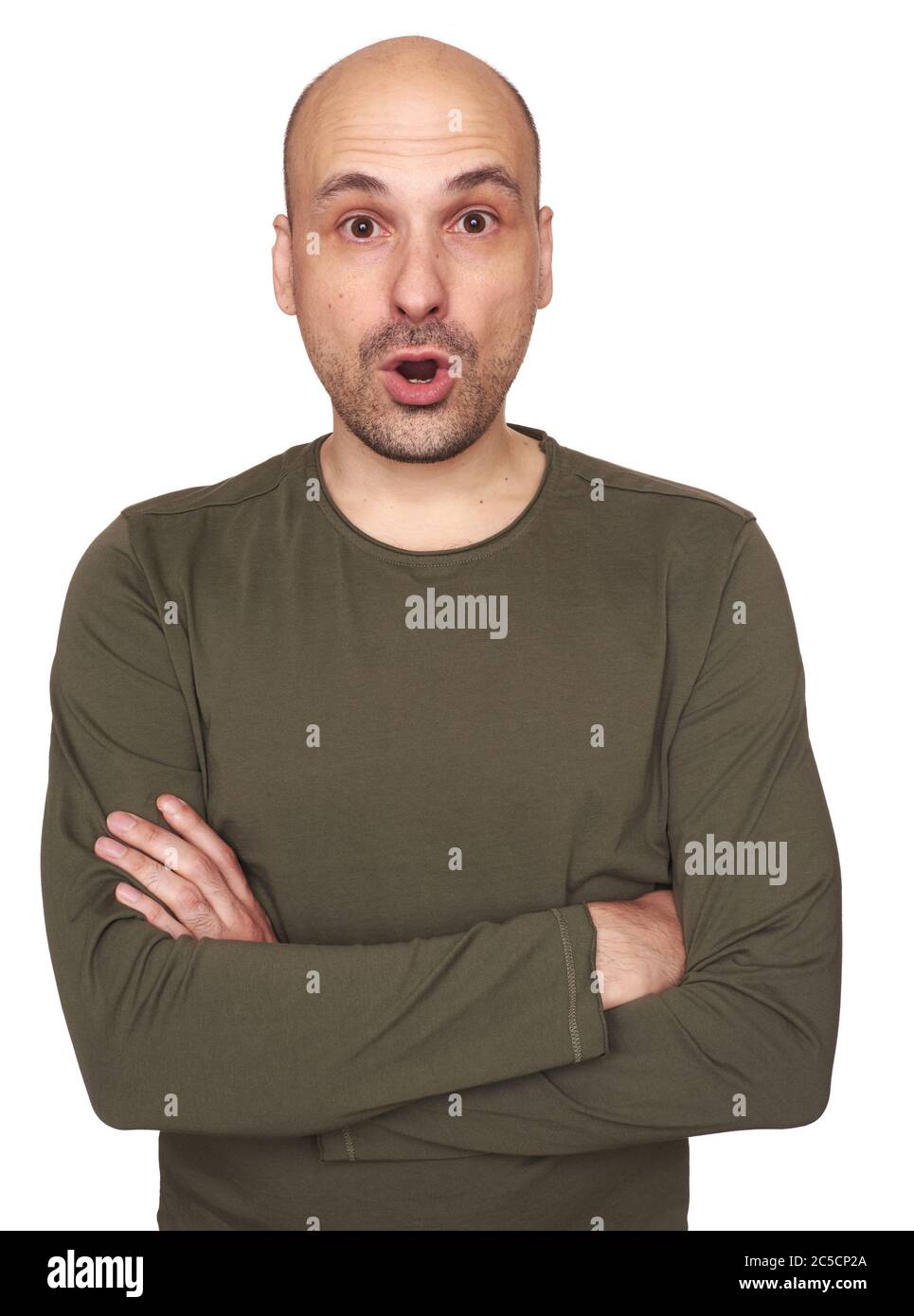 Funny bald man surprised isolated on white background Stock Photo - Alamy
