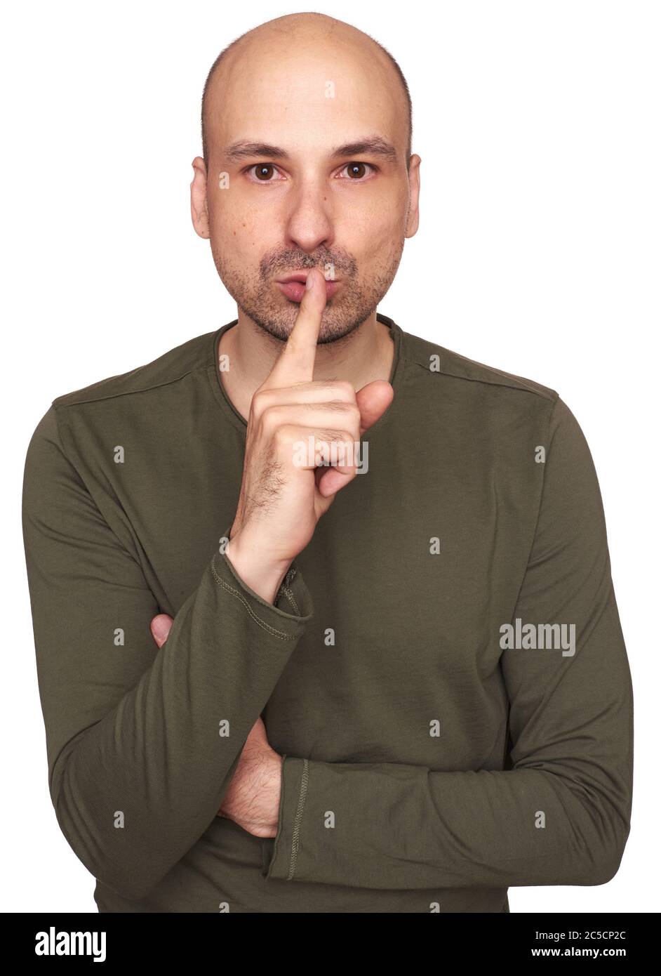 middle aged bald man making shh gesture. Isolated on white Stock Photo ...