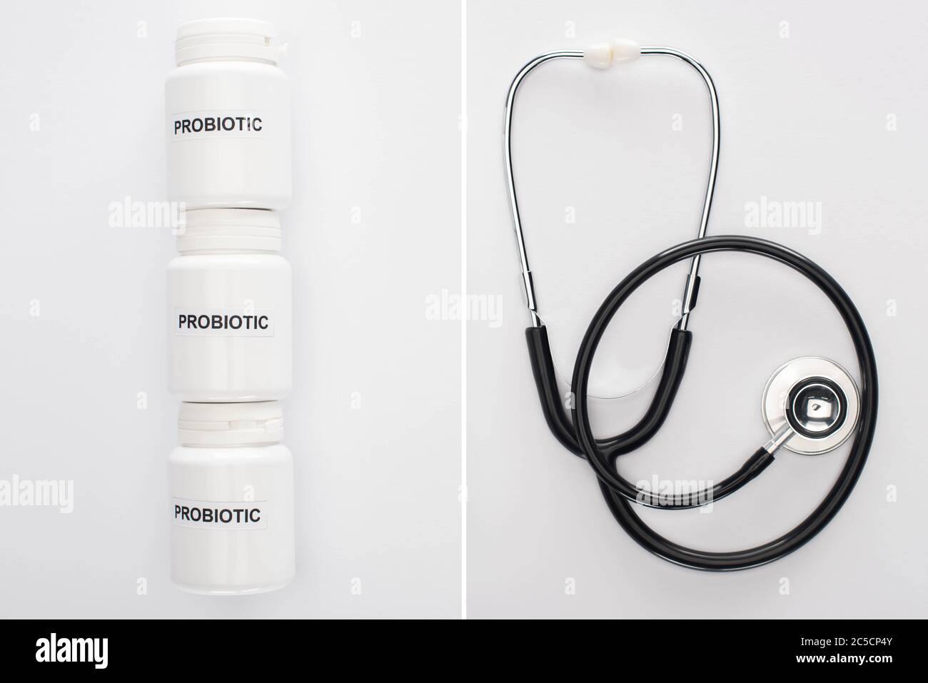 collage of containers with probiotic lettering near stethoscope on ...