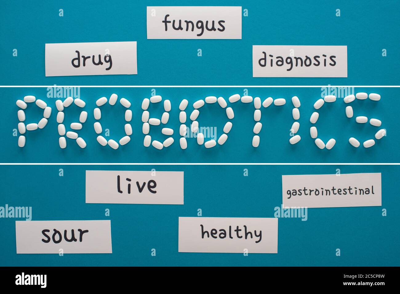 top view of probiotics lettering made of pills near paper cards with ...