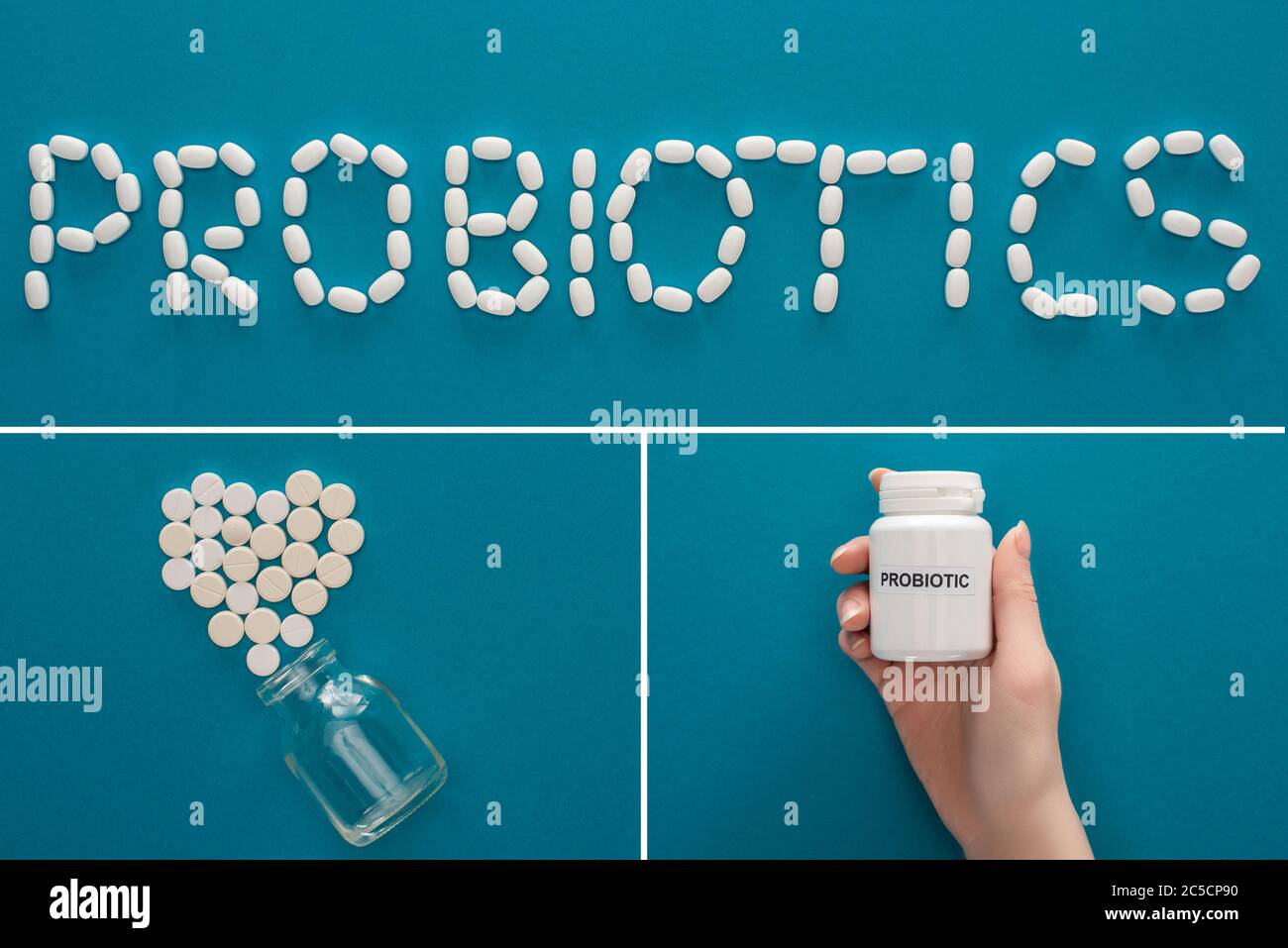 collage of probiotics lettering, heart made of pills and female hand ...