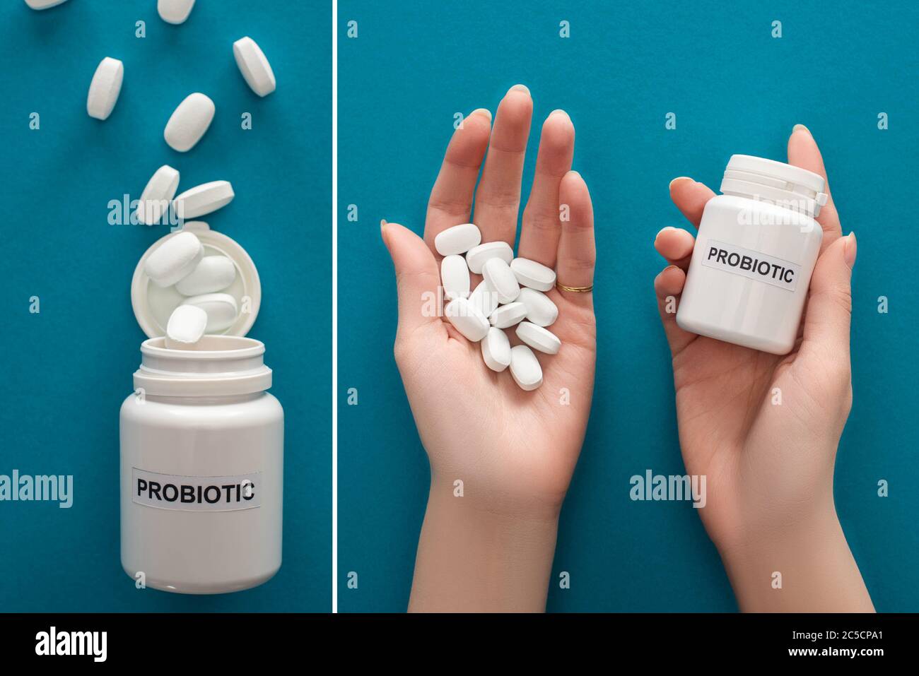 collage of female hands and white probiotic container on blue ...