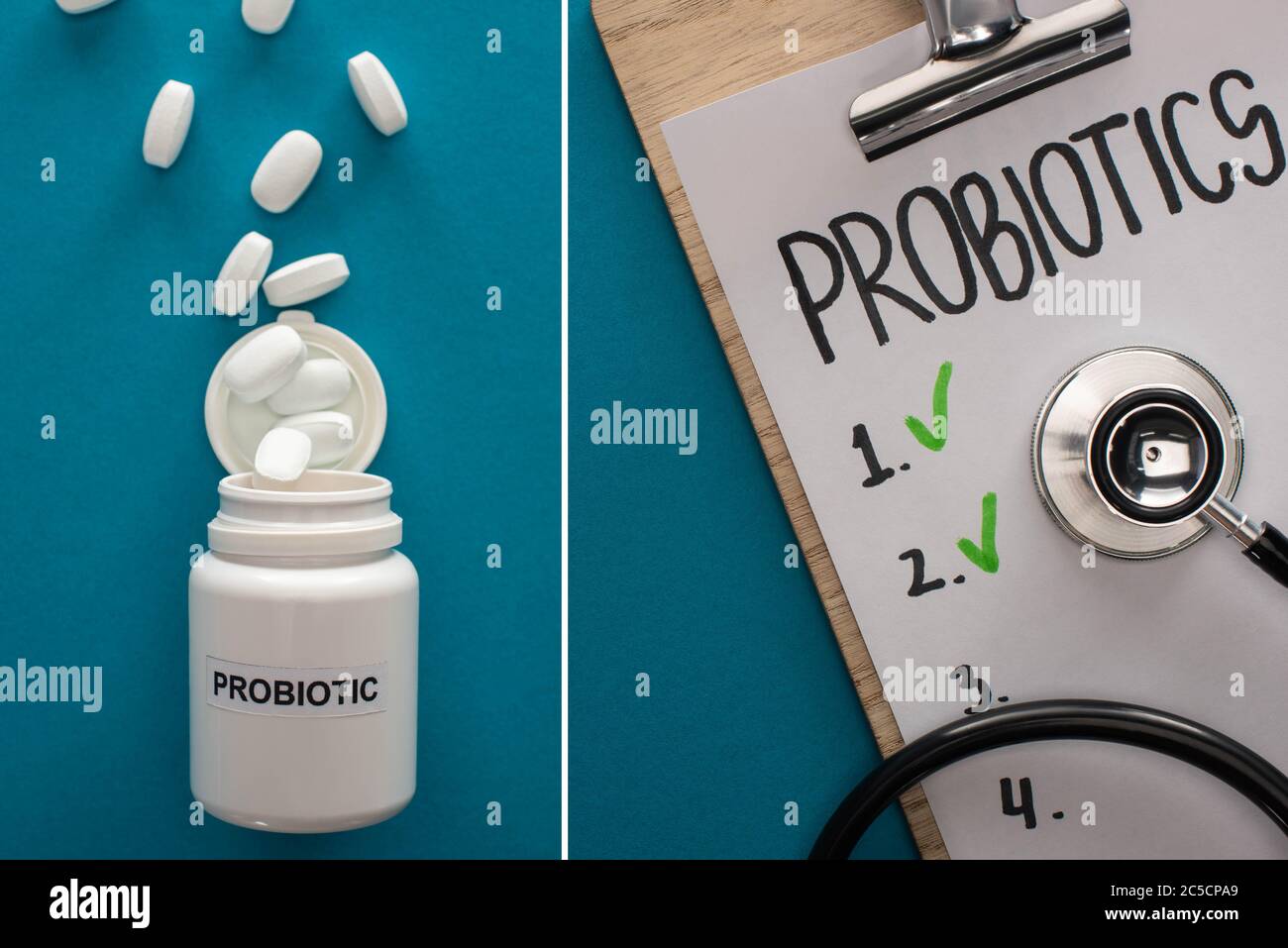 collage of clipboard with probiotics empty list with stethoscope and ...