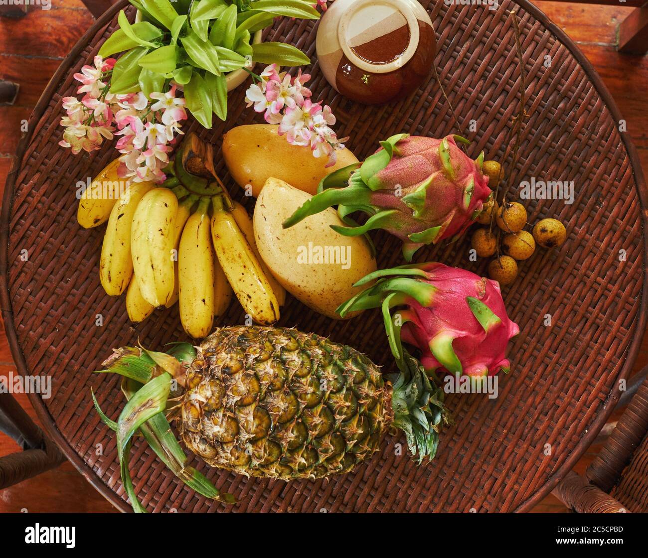 Fresh fruits of Thailand. Bananas, mango, dragon fruit and pineapple ...