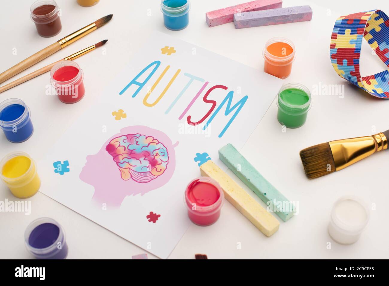 card with autism word and painting of head with brain on white with ...