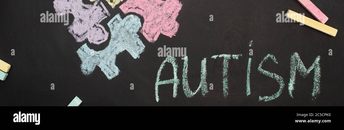 panoramic shot of chalkboard with word autism and puzzle drawing Stock ...