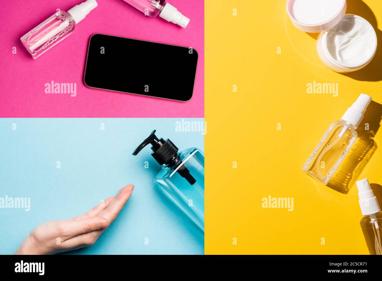 collage of female hand near sanitizer, hand cream and smartphone near ...
